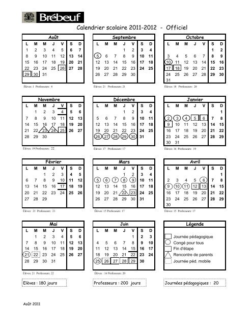 Calendrier scolaire 2011-2012 - Officiel