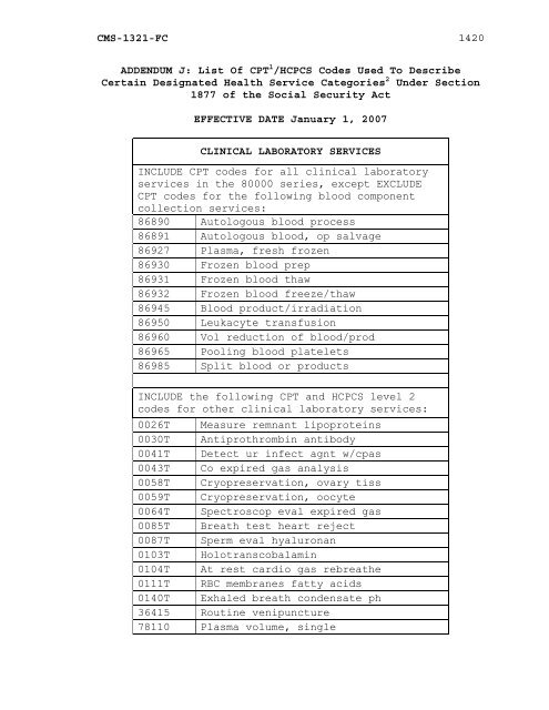 CMS-1321-FC 1420 ADDENDUM J: List Of CPT1 ... - CPA.NET