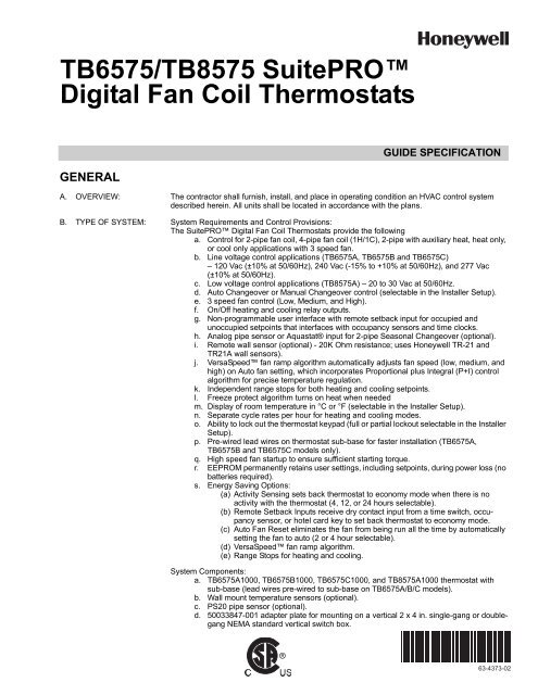 TB6575/TB8575 SuitePROâ ¢ Digital Fan Coil Thermostats