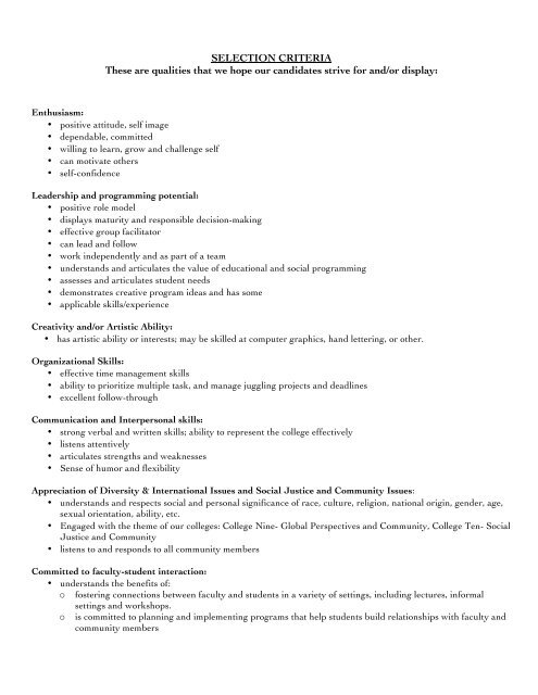 SELECTION CRITERIA These are qualities that we ... - College Nine