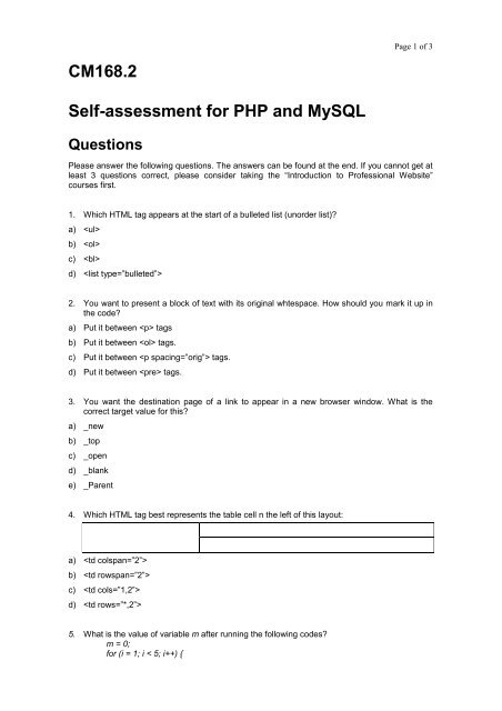 CM168.2 Self-assessment for PHP and MySQL