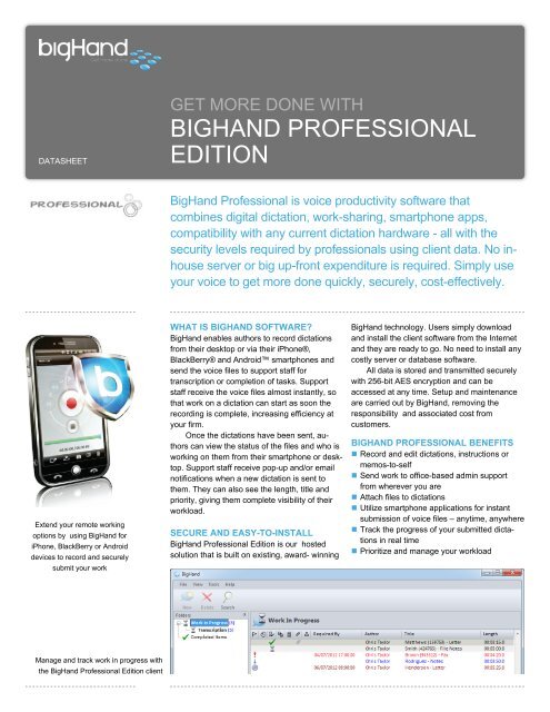 BigHand Professional Datasheet (US) - BigHand Digital Dictation