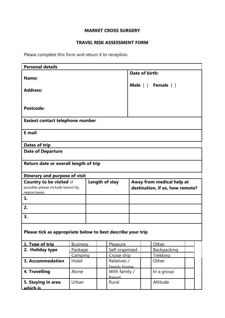 MARKET CROSS SURGERY TRAVEL RISK ASSESSMENT FORM ...