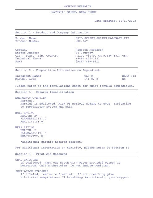 Grid Screen Sodium Malonate HR2-247 MSDS - Hampton Research