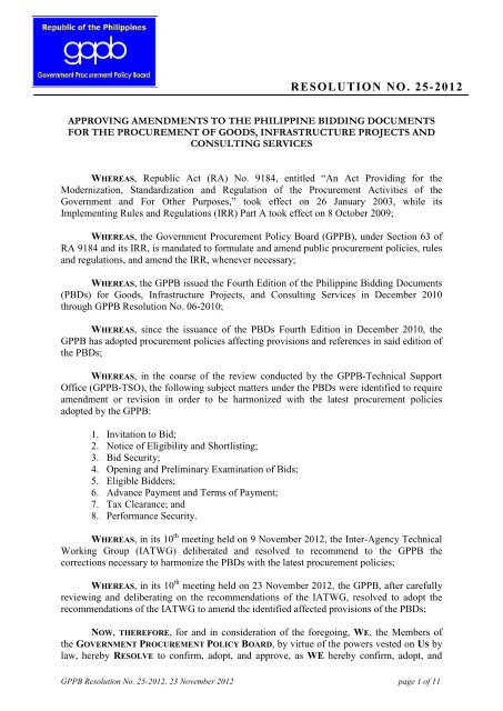 RESOLUTION NO. 25-2012 - GPPB