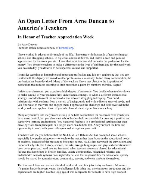 An Open Letter From Arne Duncan to America's Teachers - NCLRC