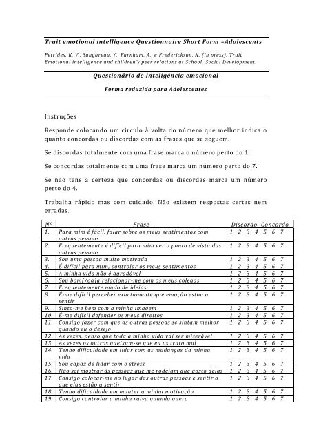 Trait emotional intelligence Questionnaire Short Form â Adolescents ... Trait emotional intelligence Questionnaire Short Form â Adolescents ...