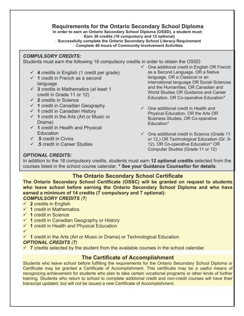 Requirements for the Ontario Secondary School Diploma The ...