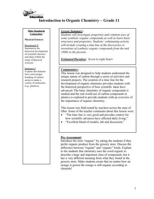 Introduction to Organic Chemistry â Grade 11 - ODE - Ohio ...
