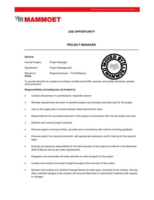 JOB OPPORTUNITY PROJECT MANAGER