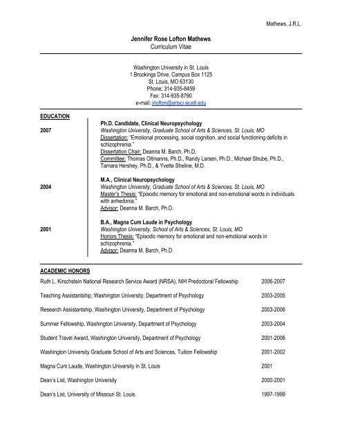 Jennifer Rose Lofton Mathews Curriculum Vitae - Cognitive Control ...