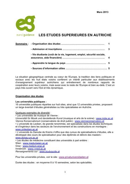 LES ETUDES SUPERIEURES EN AUTRICHE - Euroguidance