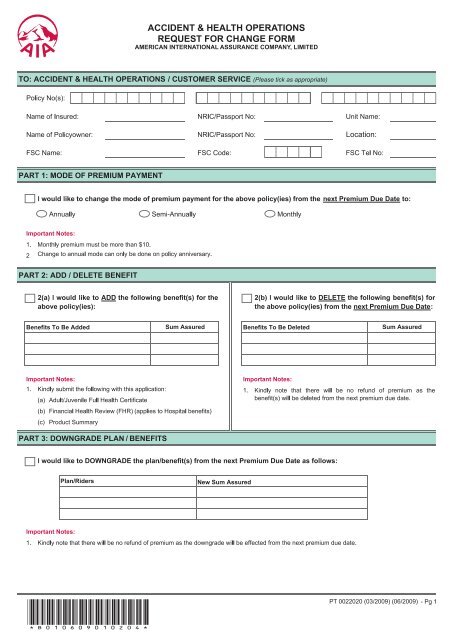 accident & health operations request for change form - AIA Singapore