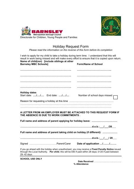 Holiday Request Form - Lacewood Primary School