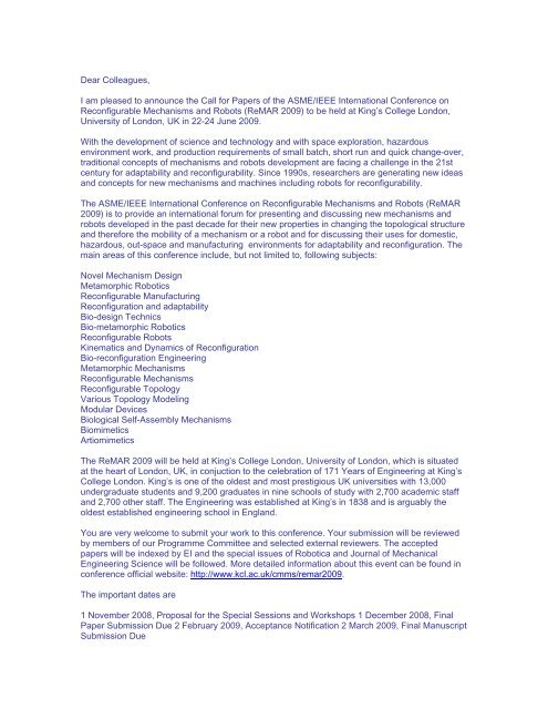 Dear Colleagues, I am pleased to announce the Call for Papers of ...