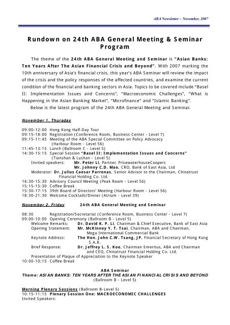 Rundown on 24th ABA General Meeting & Seminar Program
