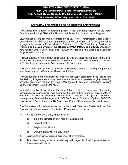 INVITATION FOR EXPRESSION OF INTEREST FOR TRAINING The ...