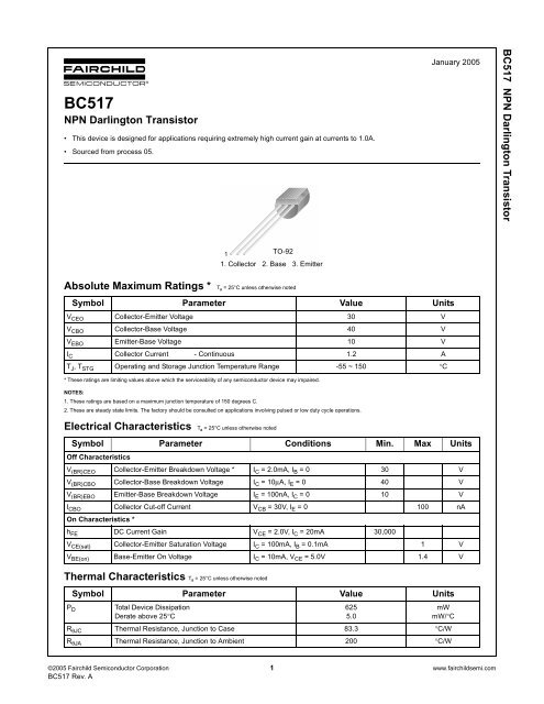 BC517 NPN Darlington Transistor - Farnell