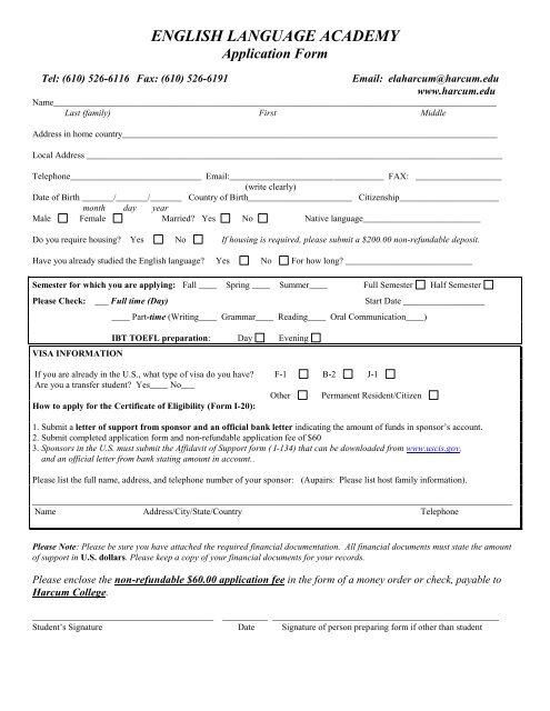 ENGLISH LANGUAGE ACADEMY Application Form - Harcum College