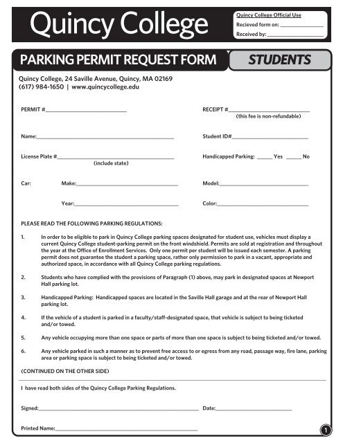 parking permit request form - Quincy College