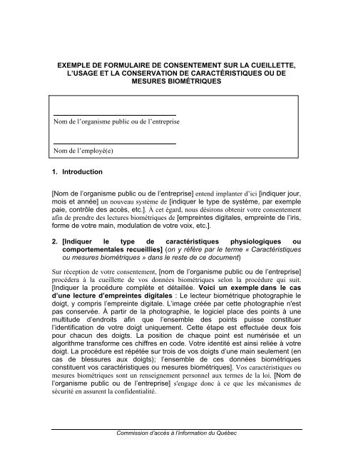 Exemple de formulaire de consentement sur la cueillette, l'usage et ...