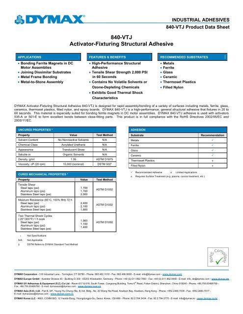DYMAX 840-VTJ Industrial Adhesive Product Data Sheet