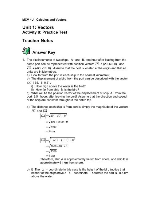 Unit 1: Vectors Teacher Notes