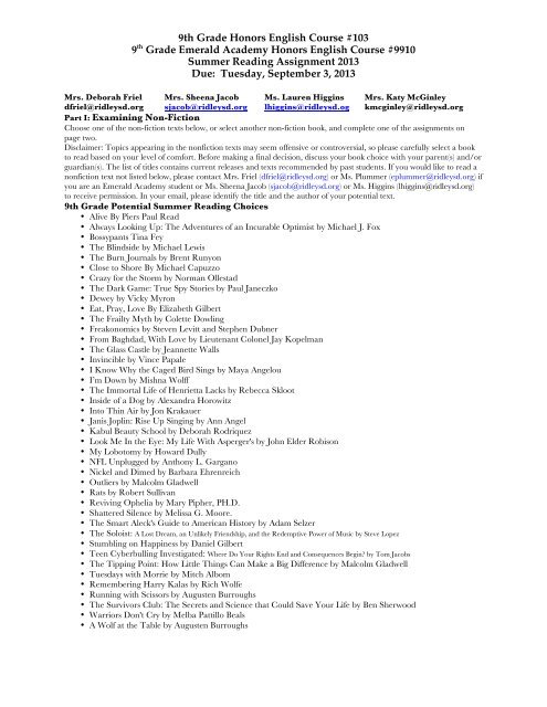 9th grade Honors and Emerald Academy English - Ridley School ...