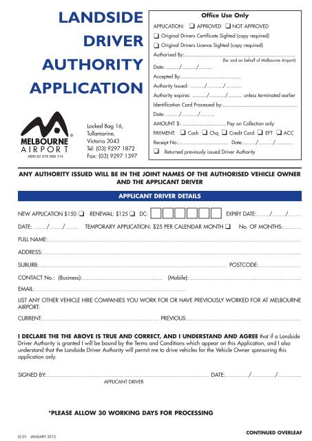 LANDSIDE DRIVER AUTHORITY APPLICATION - Melbourne Airport