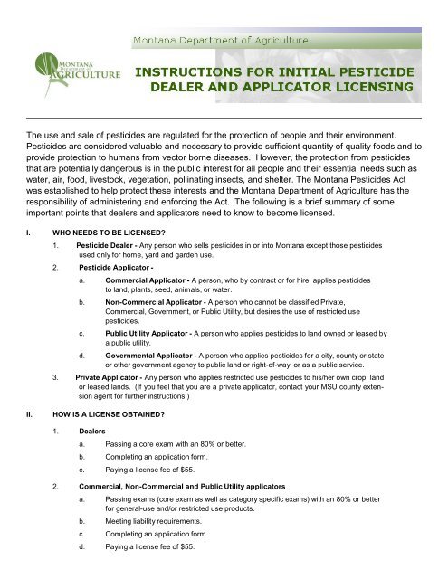 Instructions for Initial Pesticide Dealer and Applicator Licensing