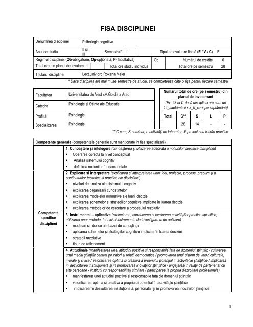 FISA DISCIPLINEI - Universitatea de Vest "Vasile Goldis" din Arad