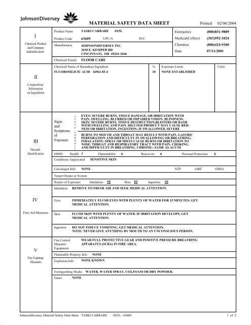 TASKI CARRARE 4X5L (US Institutional MSDS ... - Phoenix JS, Inc.