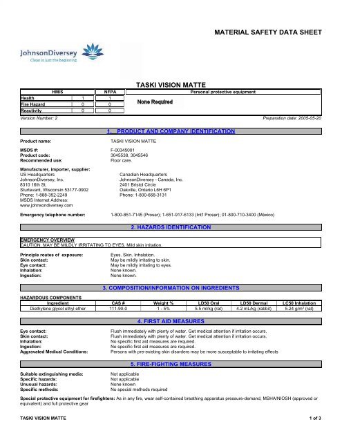 MATERIAL SAFETY DATA SHEET TASKI VISION ... - Phoenix JS, Inc.