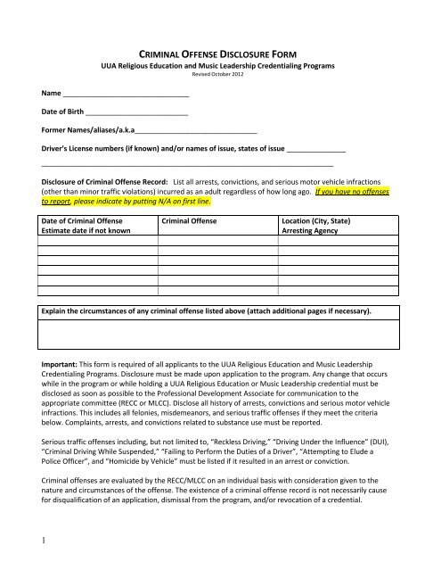 Criminal Offense Disclosure Form