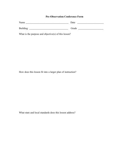 Pre-Observation Conference Form Name Date Building