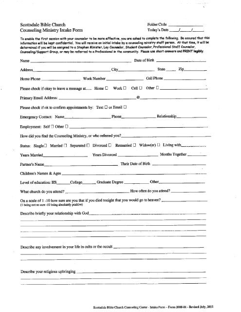 Counseling Ministry Intake Form - Scottsdale Bible Church