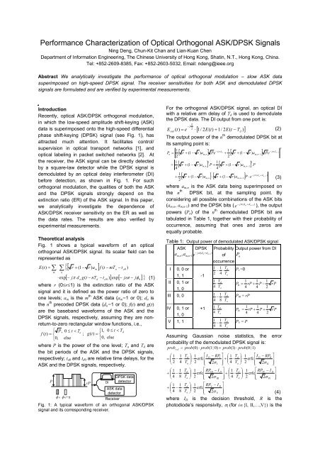 Performance Characterization of Optical Orthogonal ASK/DPSK ...