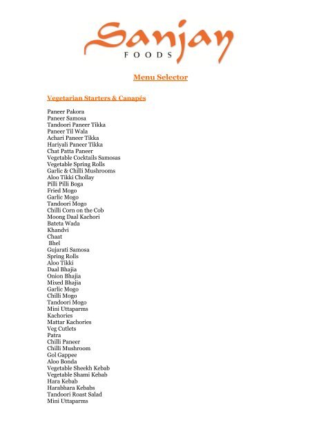 Menu Selector - Sanjay Foods