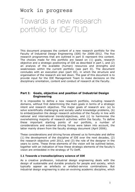 Towards a new research portfolio for IDE/TUD - TU Delft