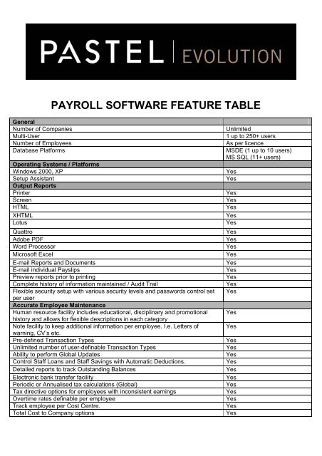 PASTEL EVOLUTION FEATURE TABLE