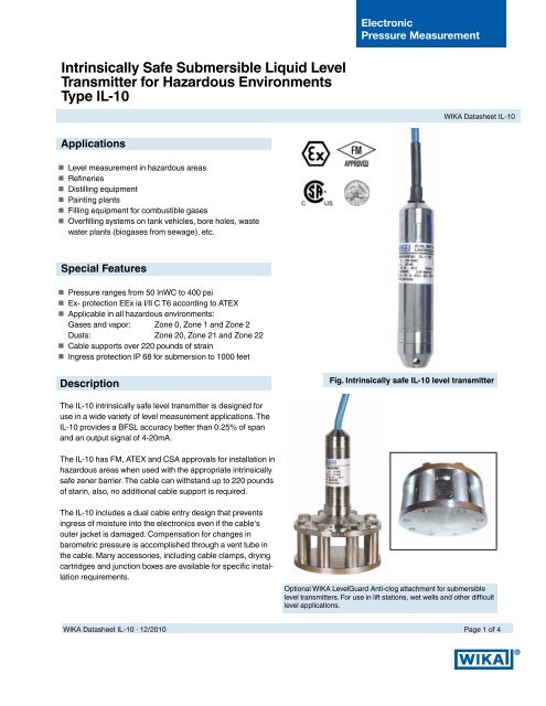 Intrinsically Safe Submersible Liquid Level Transmitters Type ... - WIKA