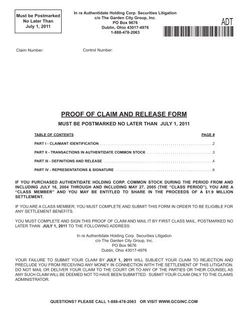Proof of Claim Form - Shareholders Foundation