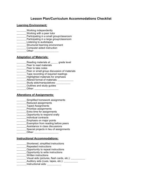 Lesson Plan/Curriculum Accommodations Checklist