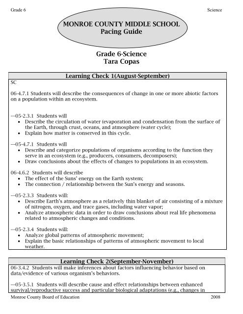 Sixth grade science pacing guide - Monroe County Schools