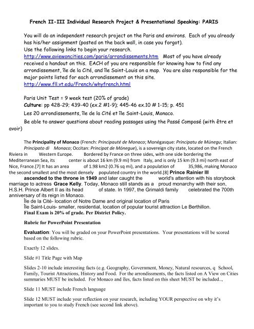 Paris Unit Study Guide & Project Rubric - Monroe County Schools