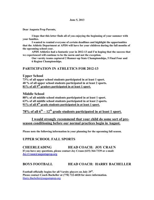 Summer Sports Letter from Athletic Director Tom Holodak - Augusta ...