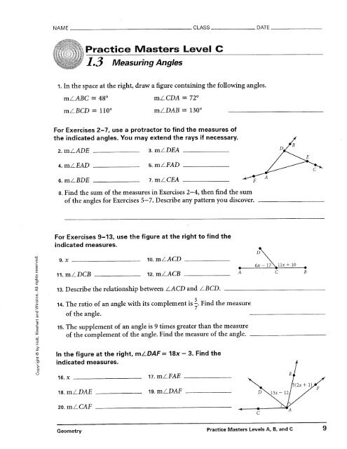 1.3 Measuring Angles Practice Level C and Answer Key
