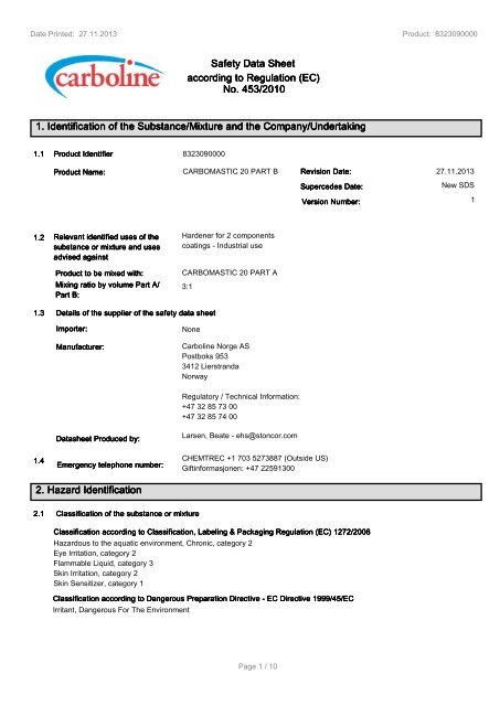 safety data sheet carbomastic 20, part b - Carboline safety data sheet carbomastic 20, part b - Carboline