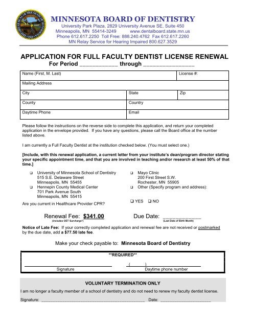 application for dentist license renewal - Minnesota Board of Dentistry