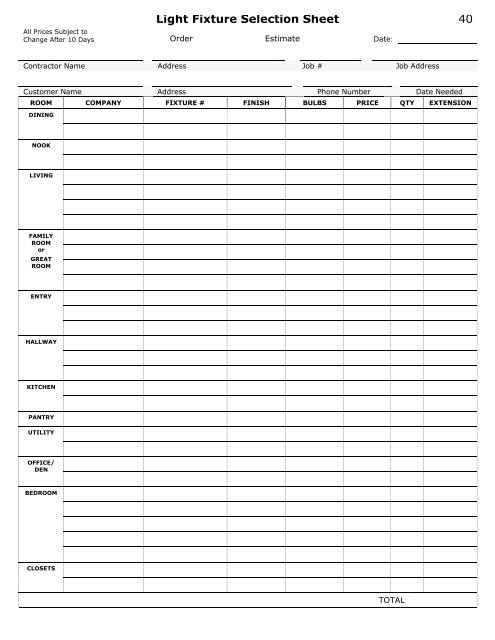 Light Fixture Selection Sheet 40
